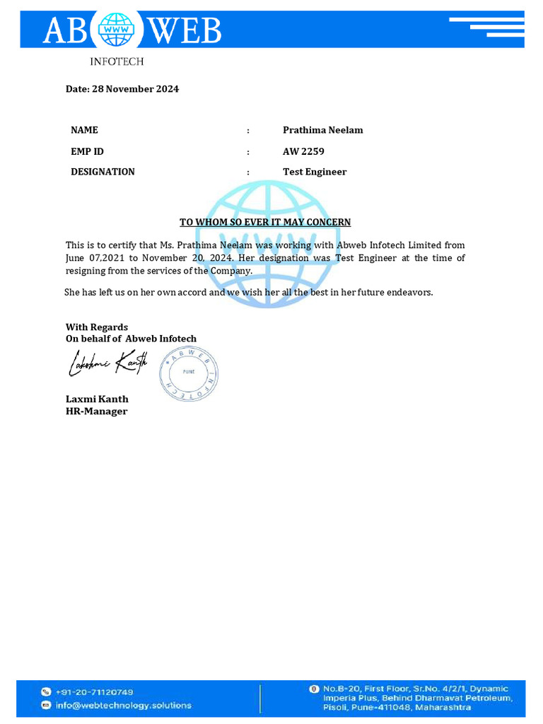 Prathima Neelam Employment Certificate | PDF
