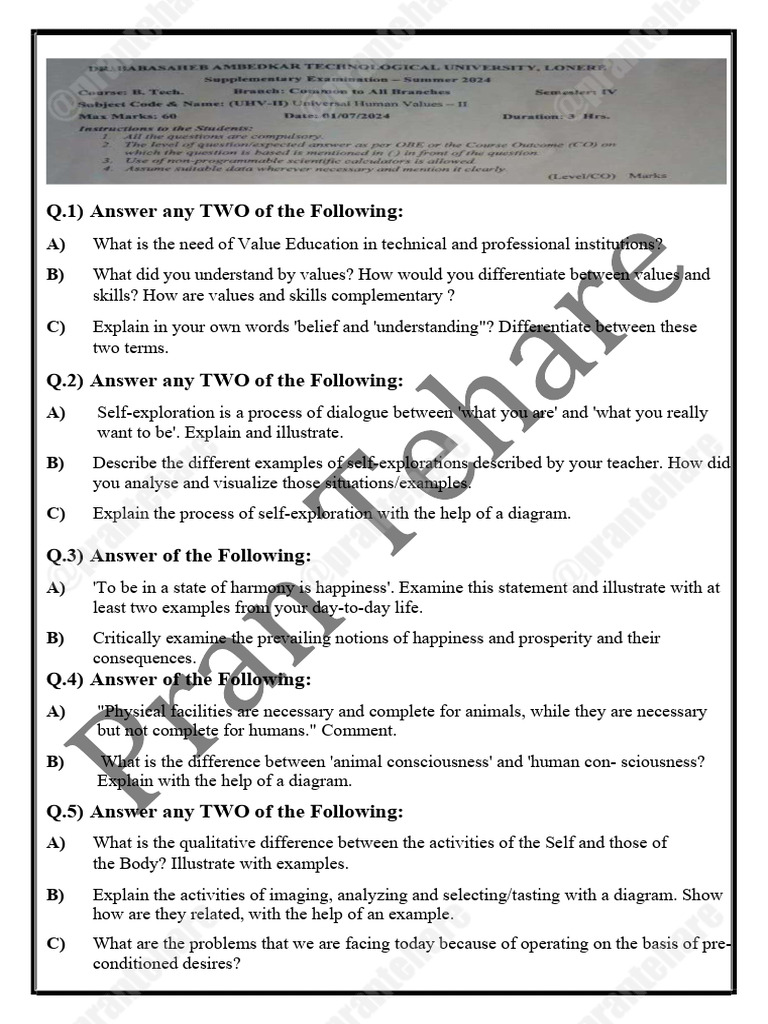 Universal Human Values II ALL PYQ (Pran Tehare) | PDF | Psychological Concepts | Behavioural ...