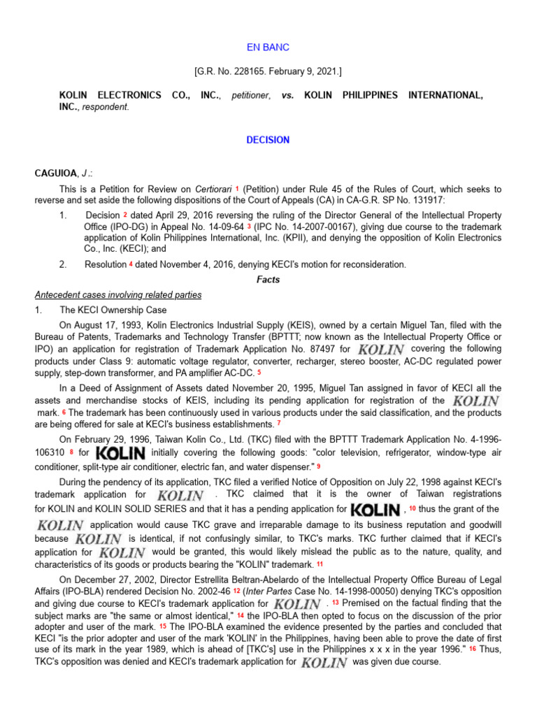 G.R. No. 228165 - Kolin Electronics Co., Inc. v. Kolin Philippines ...