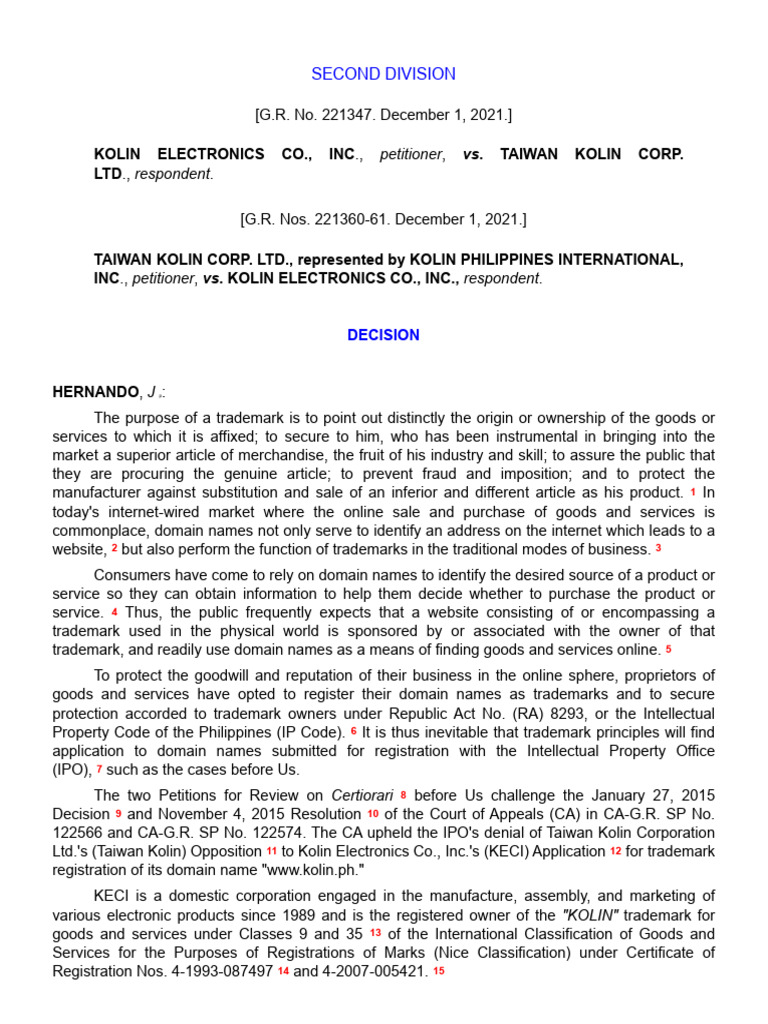 Trademark Dispute: Kolin vs. Taiwan Kolin | PDF | Trademark | Internet