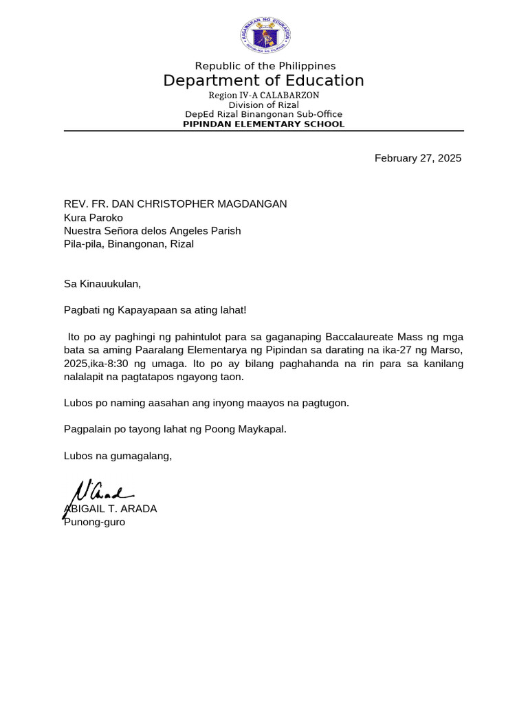 Baccalaureate Mass Request Letter | PDF