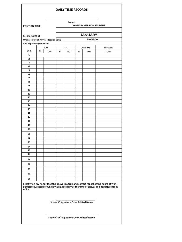 January: Daily Time Records | PDF