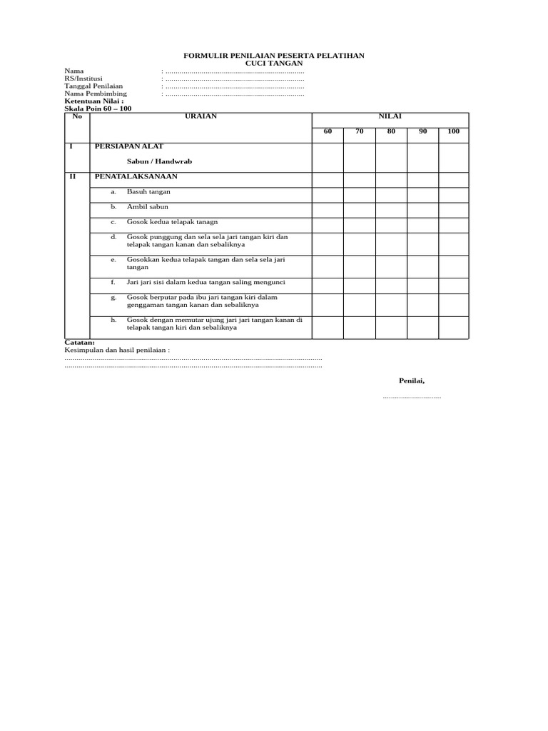 FORMULIR PENILAIAN PESERTA PELAtihan Cuci Tangan | PDF