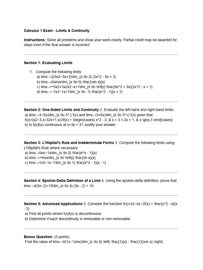 Calculus 1 Exam - Limits & Continuity | PDF