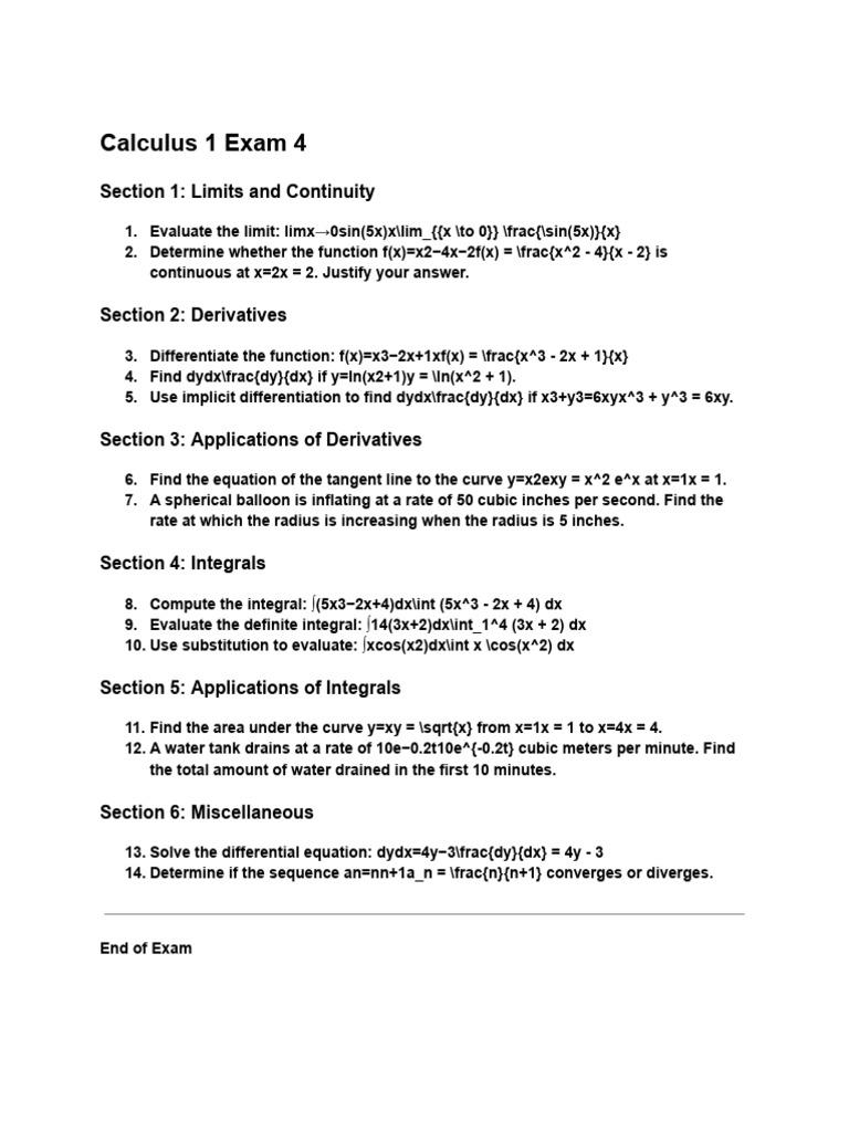 Calculus 1 Exam: Limits, Derivatives, Integrals | PDF