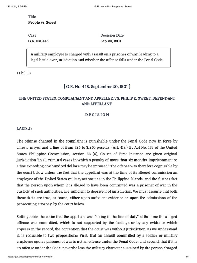 G.R. No. 448 - People vs. Sweet | PDF | Military Justice | Crimes