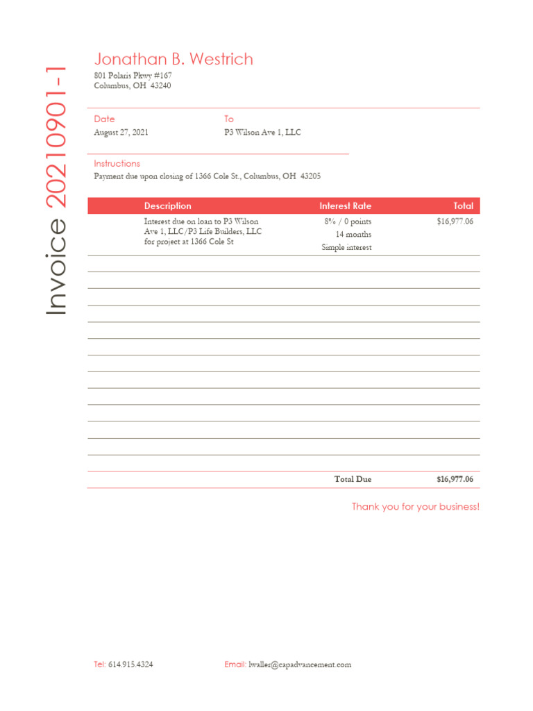 JBW Invoice for Cole St Interest Due - Sept 2021 | PDF