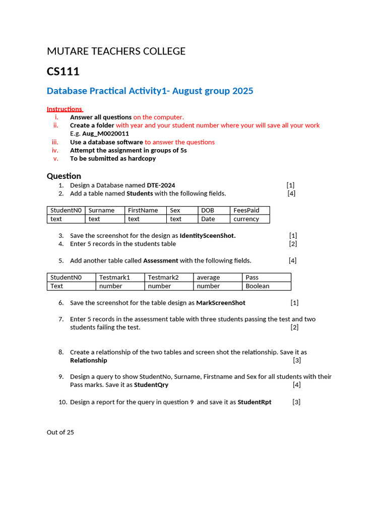 CS111-DTE-Database Practical Activity 2025 | PDF