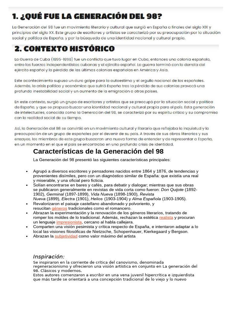 Características de la Generación del 98 | PDF