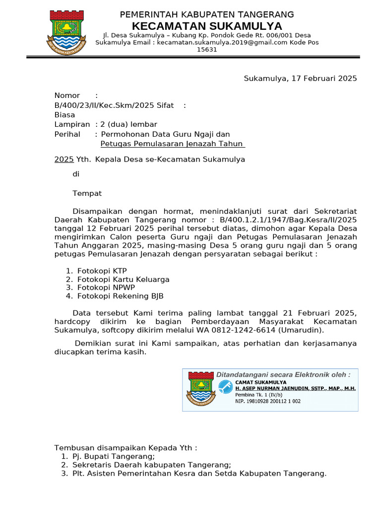 Surat Permohonan Data Guru Ngaji 17 Feb 2025 - Sign84 | PDF