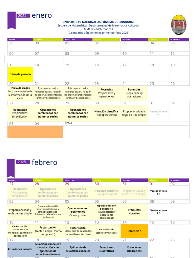 Calendarización Temas MatematicaI IPAC 2025 | PDF | Factorización | Matemáticas