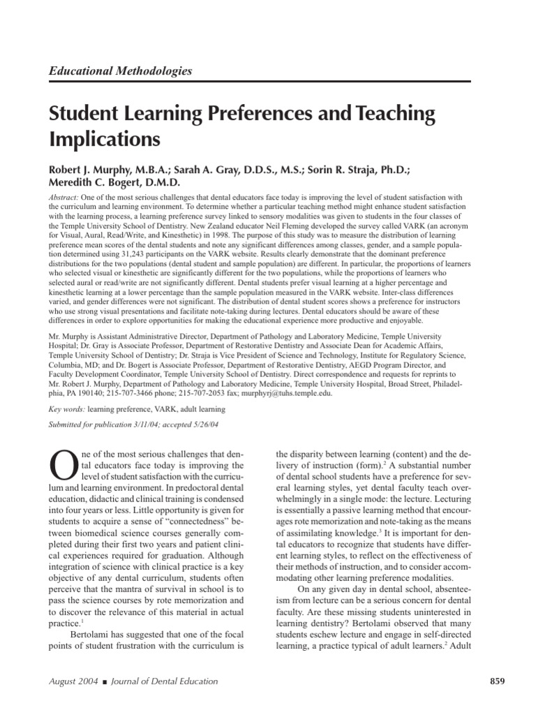 Student Learning Preferences and Teachin | PDF | Learning Styles | P Value