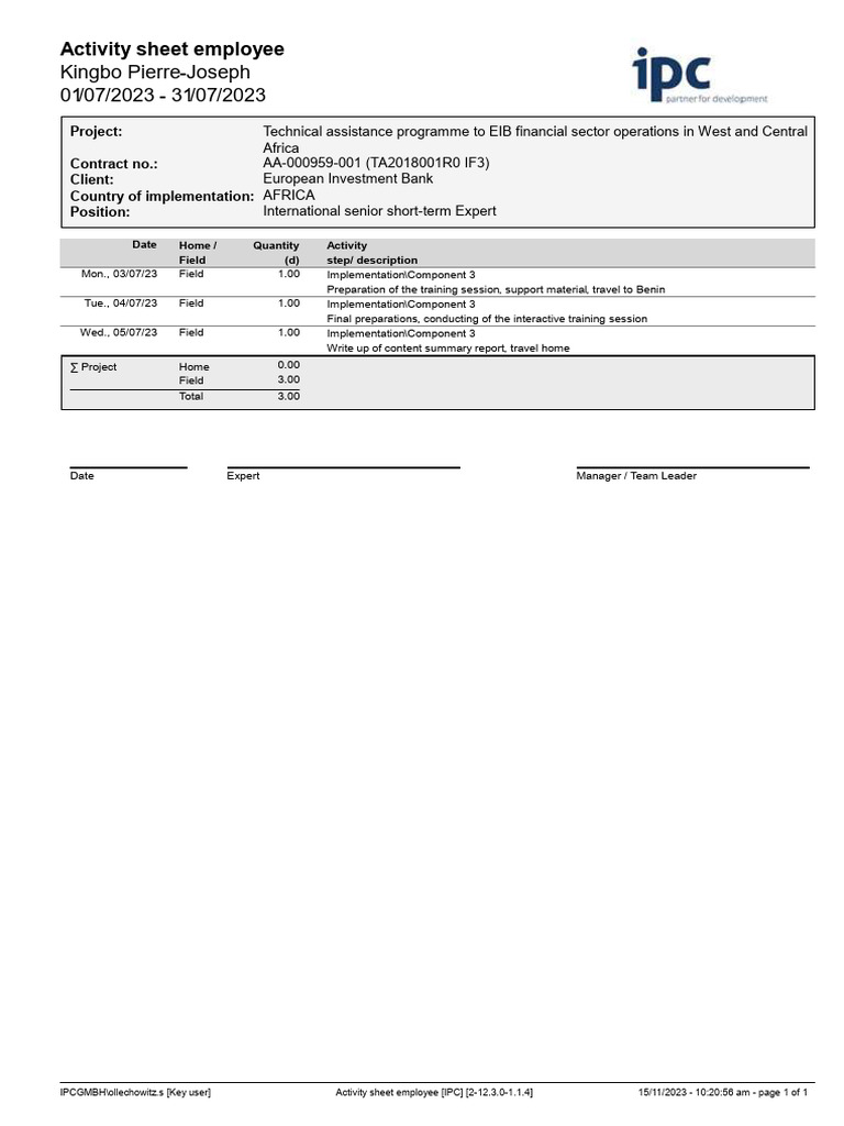 Employee Activity Sheet for EIB Project | PDF