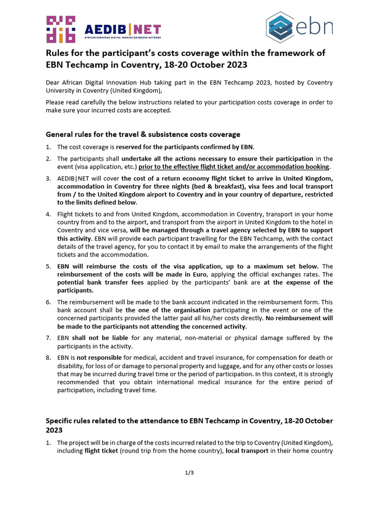 Rules for the participants - Costs coverage within the framework of EBN Techcamp | PDF | Airport ...