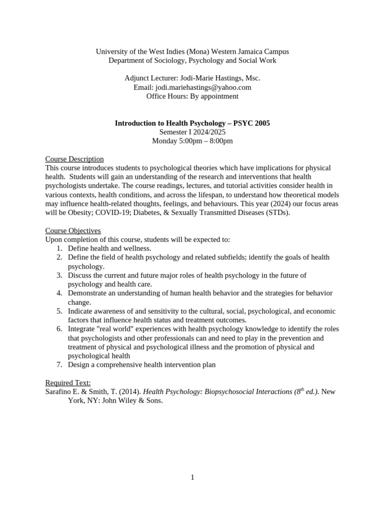 Health Psychology Course Outline 2024 Update | PDF | Health Psychology ...