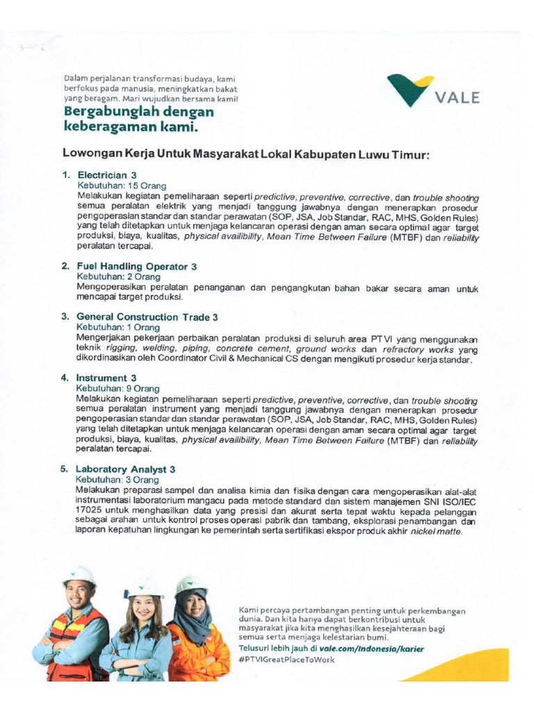 INFO LOKER PT. VALE INDONESIA - TBK | PDF