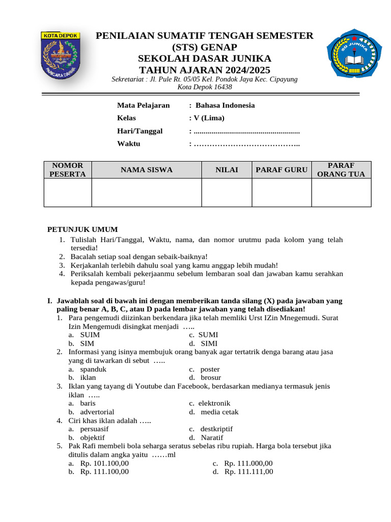 Kop PTS Atau STS Genap 2024 B Indo Fix | PDF