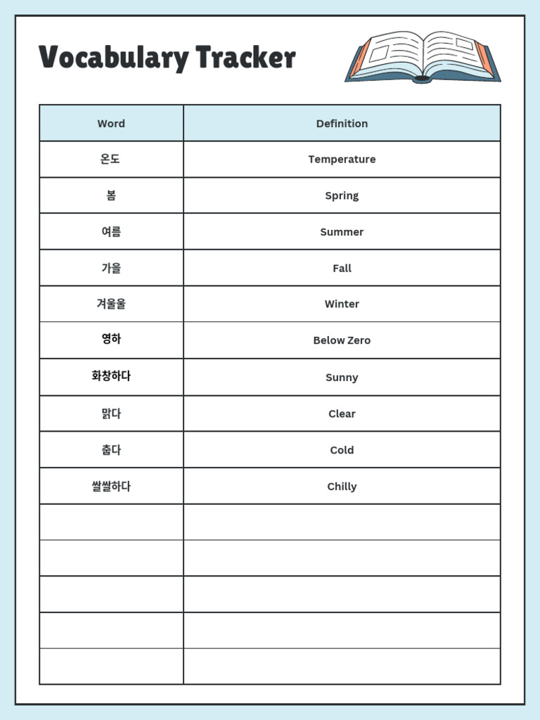 Vocabulary Tracker Worksheet in Blue and White Simple Style | PDF