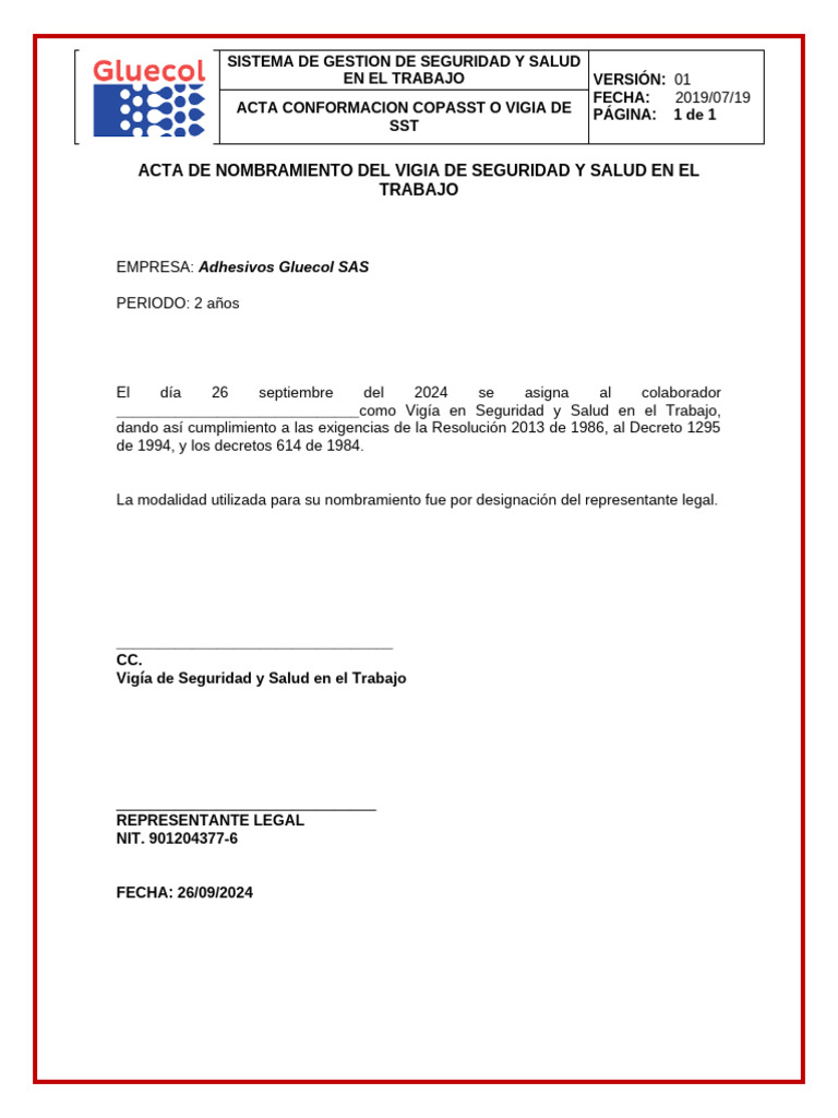 Acta de Nombramiento Del Vigia de SST | PDF
