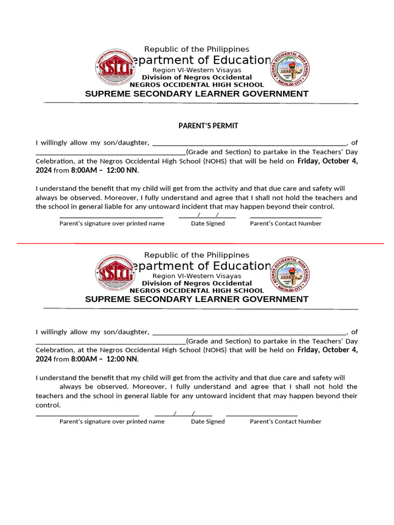 Parent's Permit for Teachers' Day 2024 | PDF