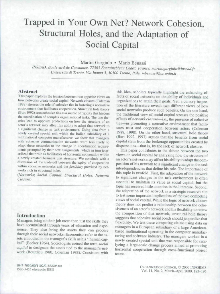 Network Cohesion vs. Structural Holes | PDF | Social Capital | Social ...