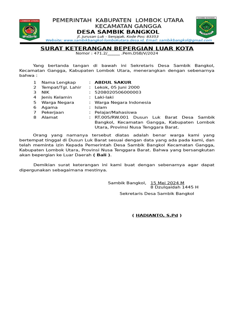 Surat Keterangan Bepergian Luar Kota | PDF
