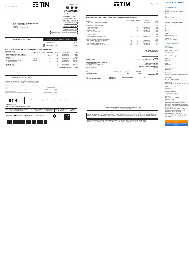 Conta TIM 2022-07-01 - Paga | PDF | Bolsa de Valores de Nova York | Brasil