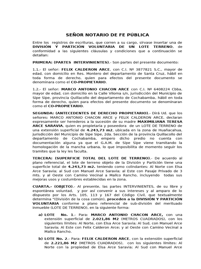 Minuta de Trans. DIVISON y PARTICIÓN DE LOTE DE TERRENO, Flia. CUBA ...