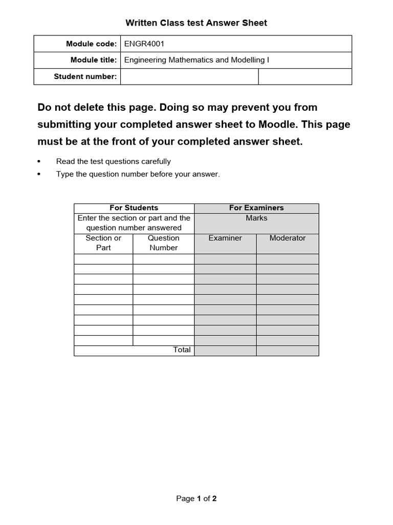 Engineering Mathematics Test Answer Sheet | PDF