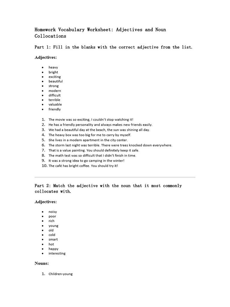 Homework Vocabulary Worksheet: Adjectives and Noun Collocations | PDF ...