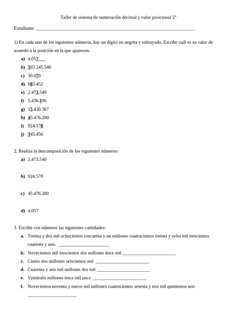 5° Taller de Sistema de Numeración Decimal y Valor Posicional | PDF