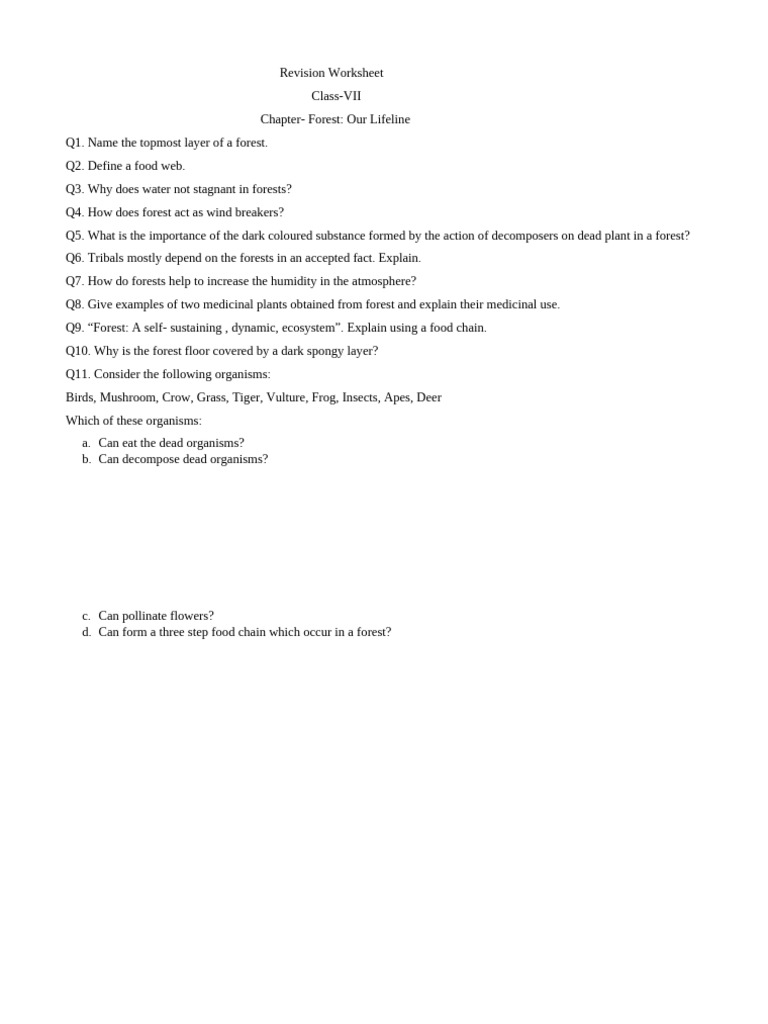 Forest Ecosystem Revision Worksheet | PDF