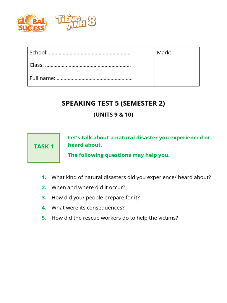 Speaking Test 5 (Unit 9 - 10) | PDF