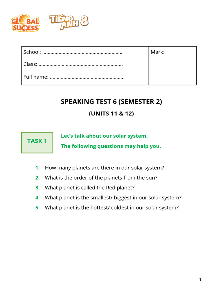 Speaking Test 6 (Unit 11 - 12) | PDF