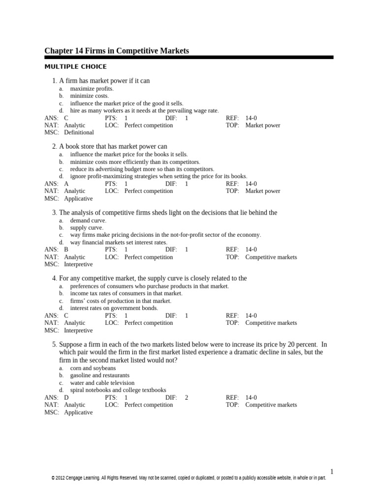 Chapter 14 Test Bank - Final | PDF | Perfect Competition | Demand