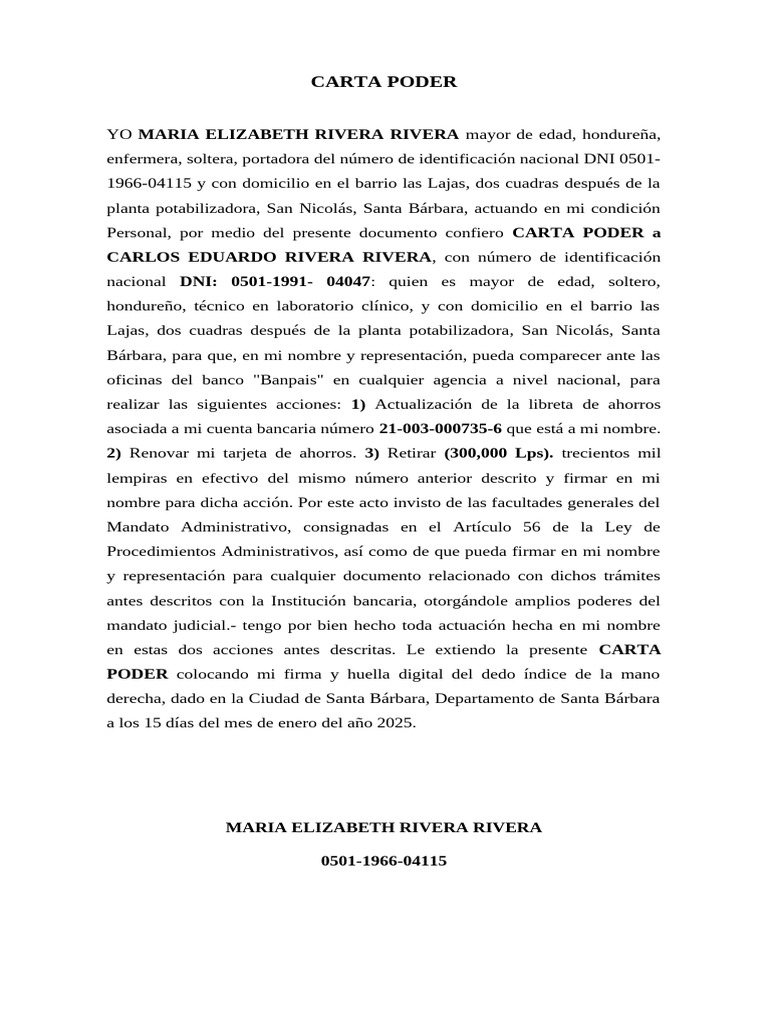Carta Poder para Trámites Bancarios | PDF