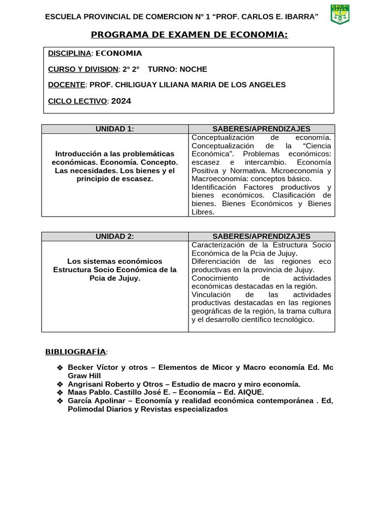 Programa de Examen de Economia 2024 | PDF