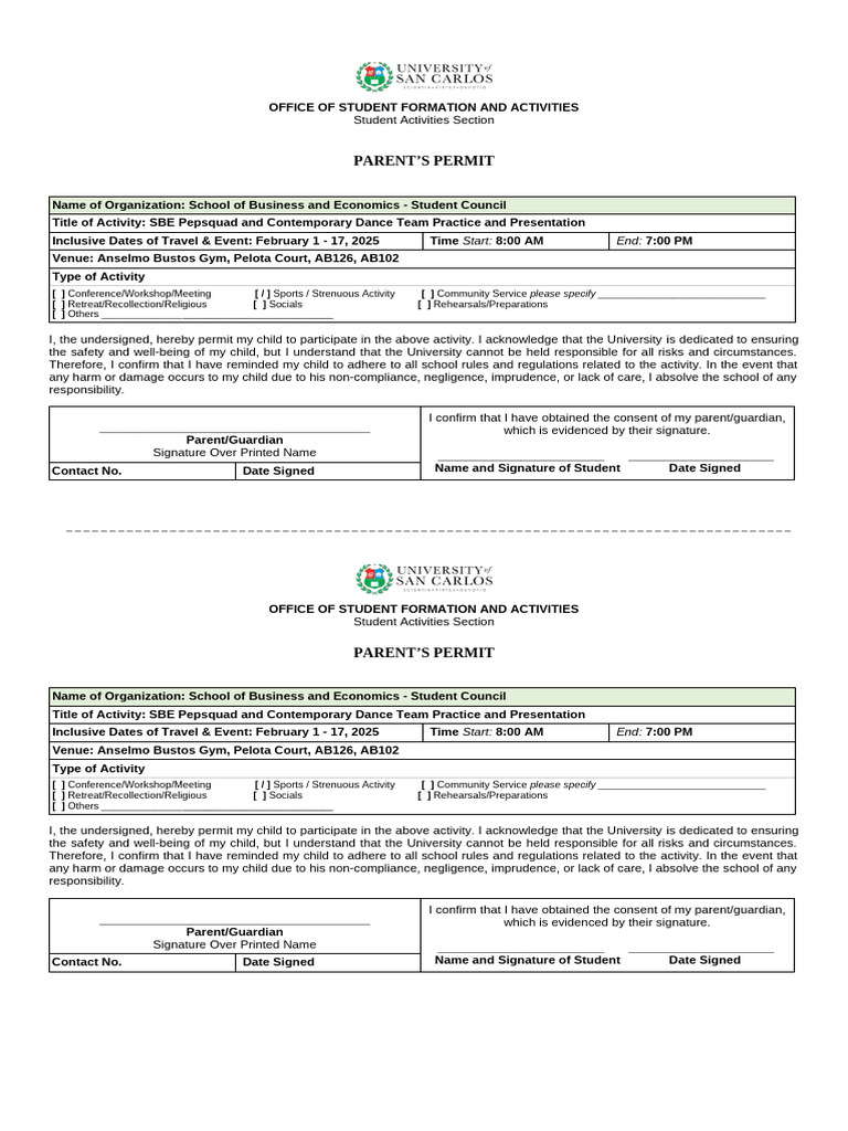 Parent Permit for SBE Dance Activity | PDF | Social Institutions | Common Law