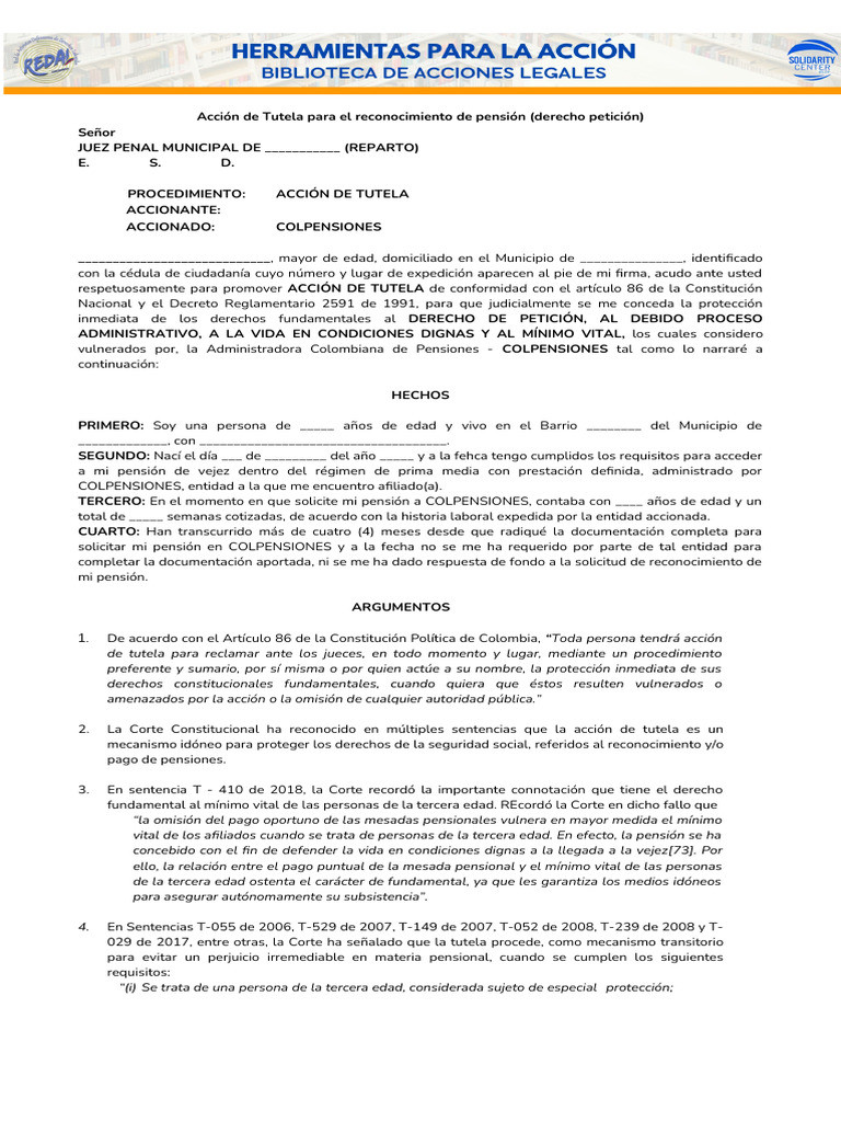 Accion de Tutela para El Reconocimiento de Pension Derecho Peticion ...