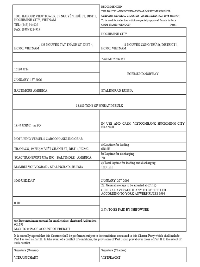GENCON Charter Agreement Details | PDF | Cargo | Freight Transport