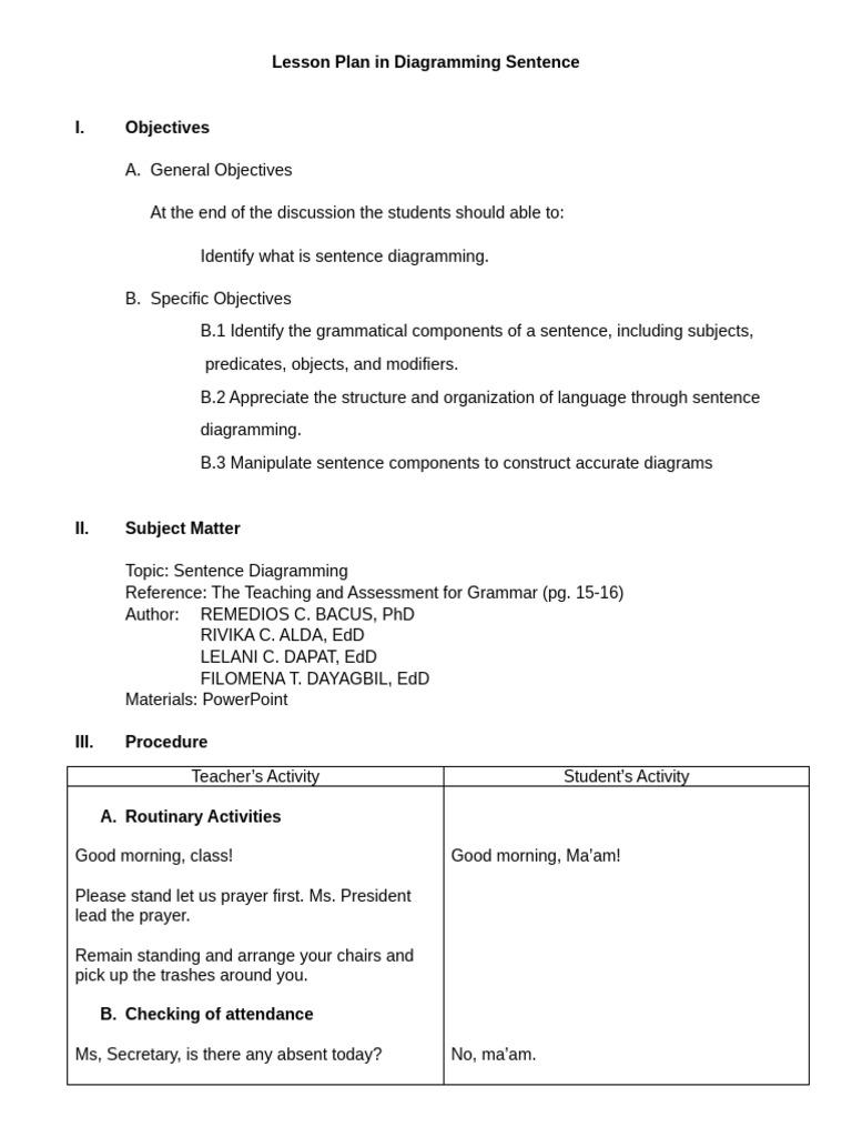 Lesson Plan in Diagramming Sentence | PDF | Part Of Speech | Verb