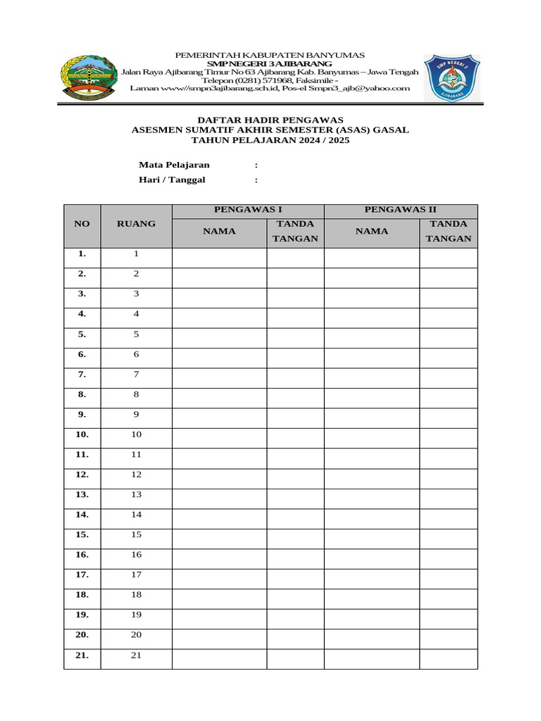 Daftar Hadir Pengawas Psat | PDF