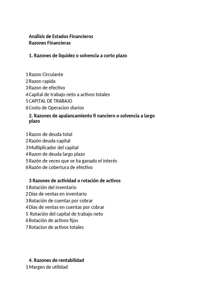 Resumen de Fórmulas Razones Financieras | PDF | Capital de trabajo ...