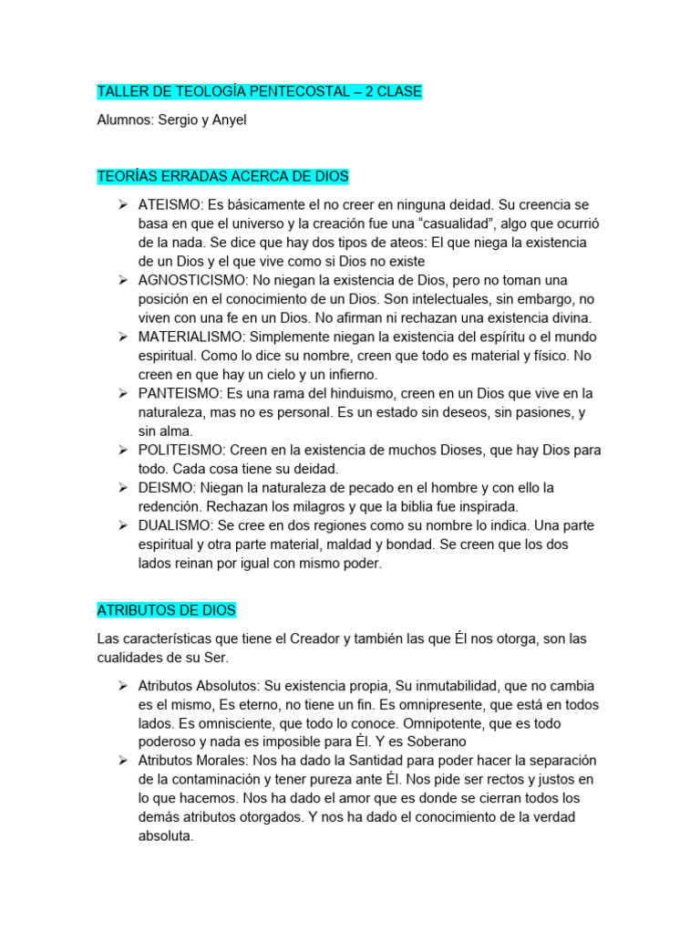 Taller de Teología Pentecostal (Clase 2) Anyel y Sergio | PDF | Concepciones de dios | Teología