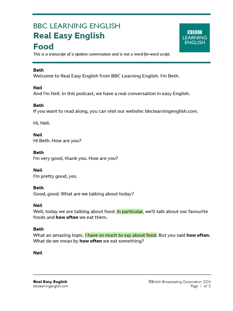 RealEasyEnglish Transcript Ep2 Food | PDF | Asian Cuisine | Eating Behaviors Of Humans