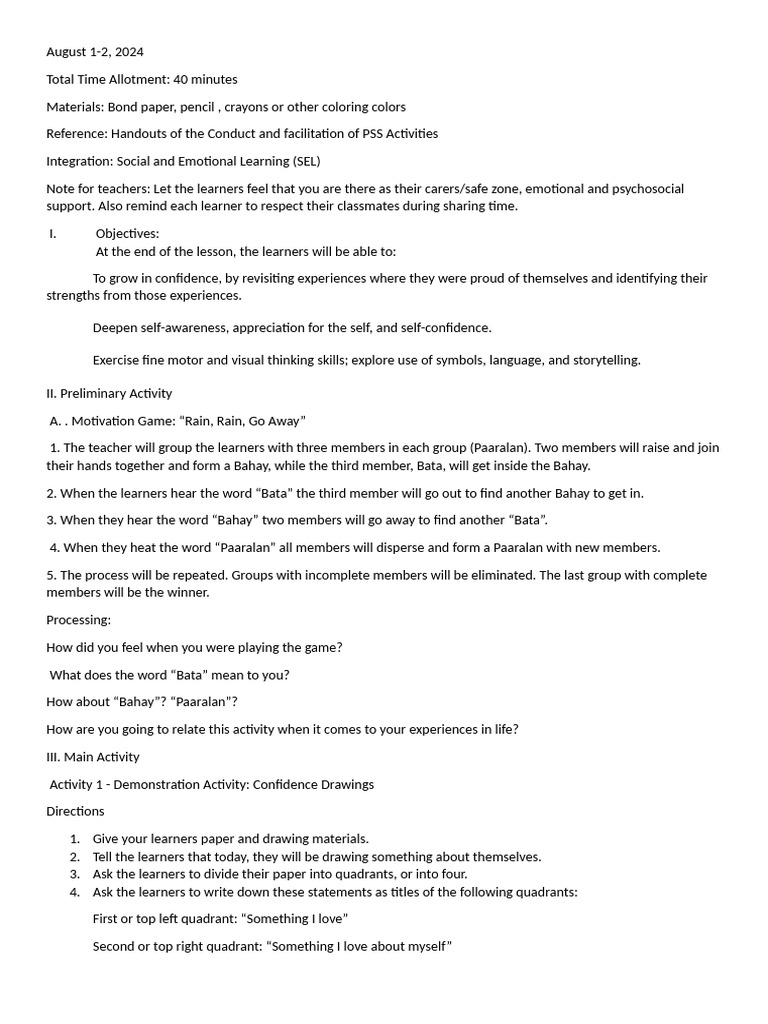 PSS Lesson Plan Activities AUG 1 2 | PDF | Cognition | Psychological ...
