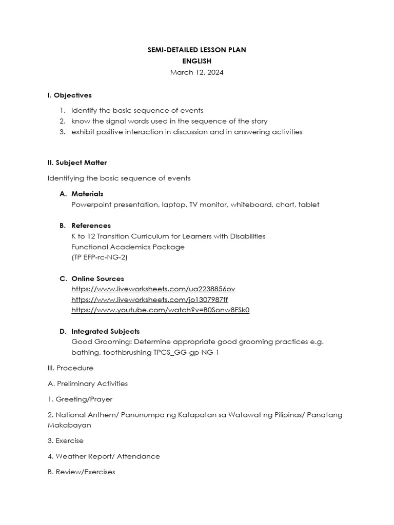 Semi-Detailed Lesson Plan | PDF | Learning