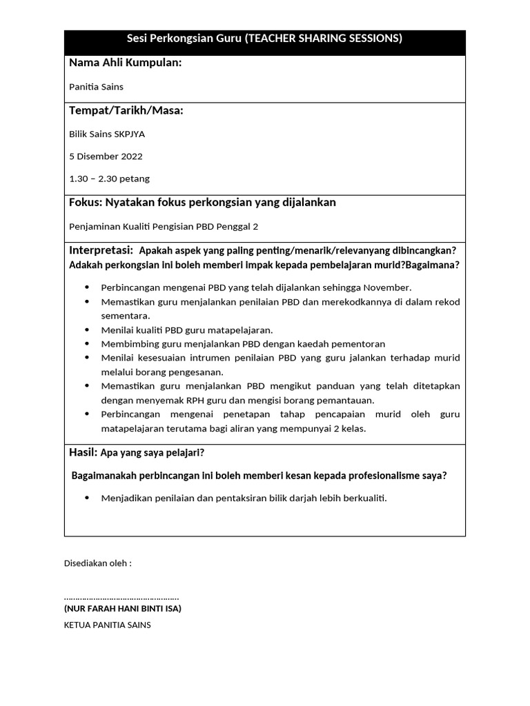 PLC 7 Penjaminan Kualiti Panitia PBD Penggal 2 | PDF