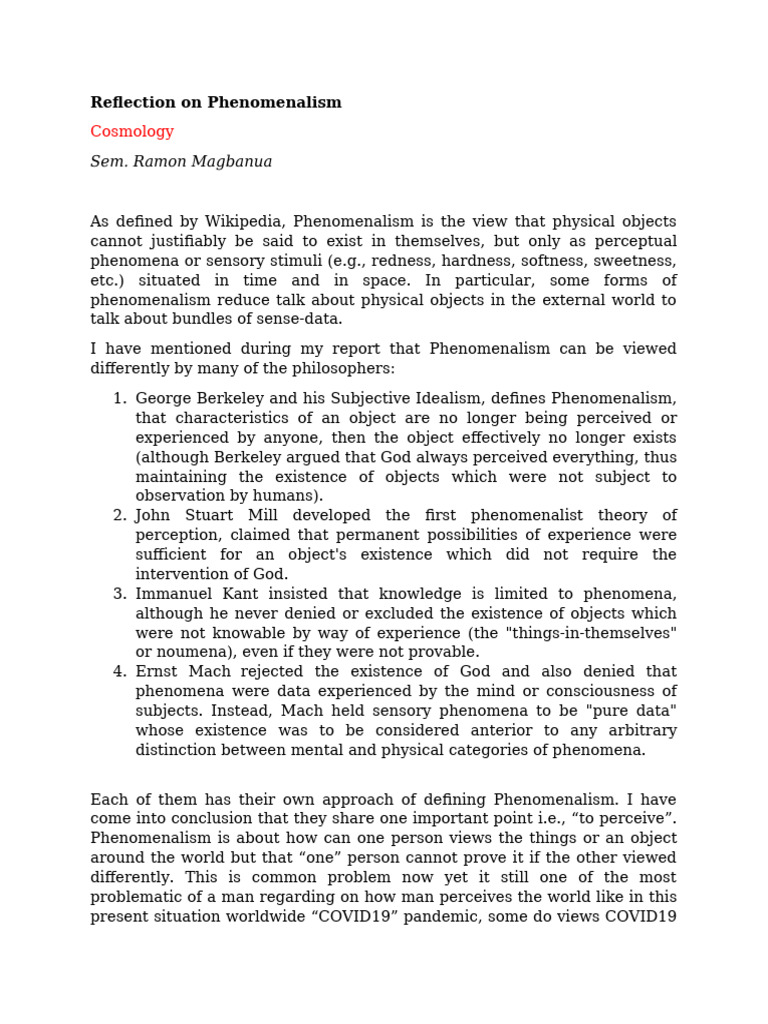 Reflection On Phenomenalism | PDF
