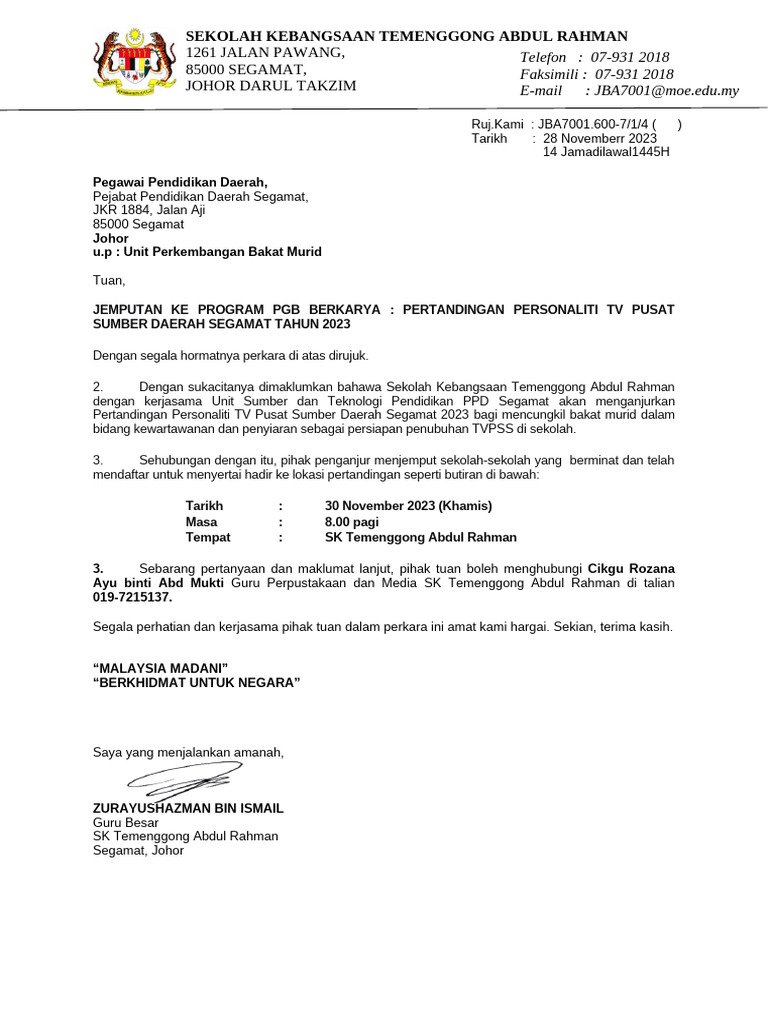 surat jemputan sekolah tvpss | PDF